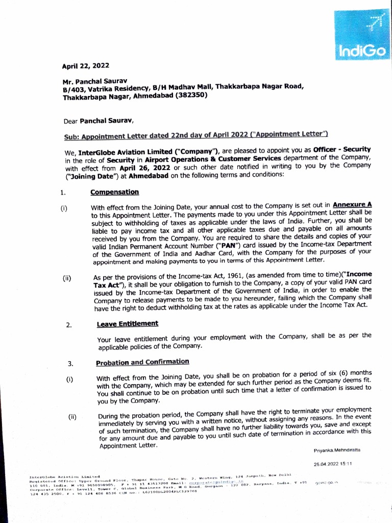 IndiGo Appointment Letter for Officer Security | PDF | Income Tax ...
