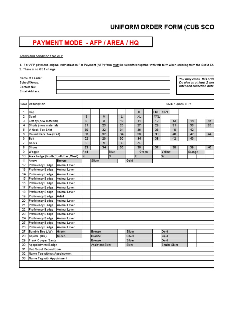 Uniform Order Form For Schools 2022 (Afp Area HQ) Updated 5 Jan 2022 ...