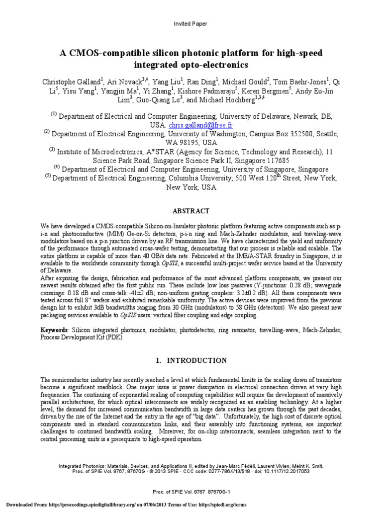 2013 - SPIE - A CMOS-compatible Silicon Photonic Platform For High ...
