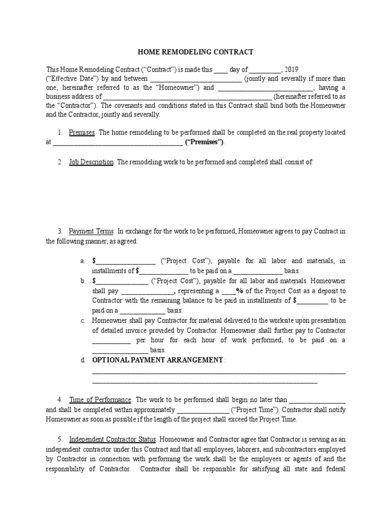 PDF Template Home Remodeling Contract Template | PDF | Insurance | Damages