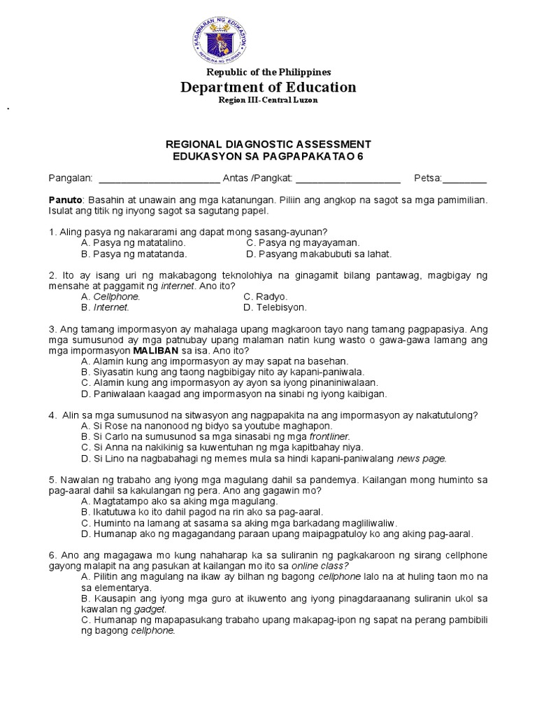 Diagnostic Assessment EsP Grade 6 | PDF
