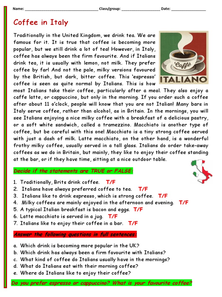 Coffee in Italy Reading Comprehension Exercises - 127942 | PDF | Food ...