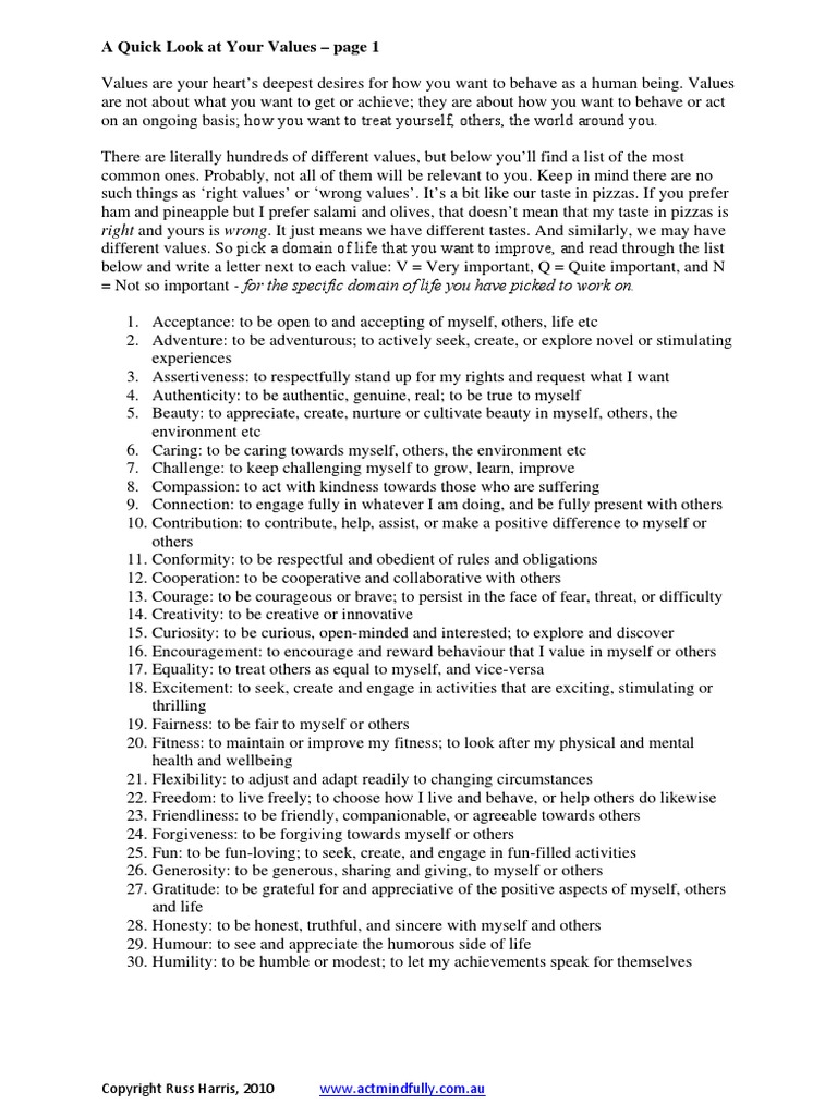 Values Checklist - Russ Harris | PDF