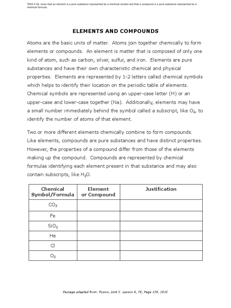 Element and Compound Reading Activity | PDF