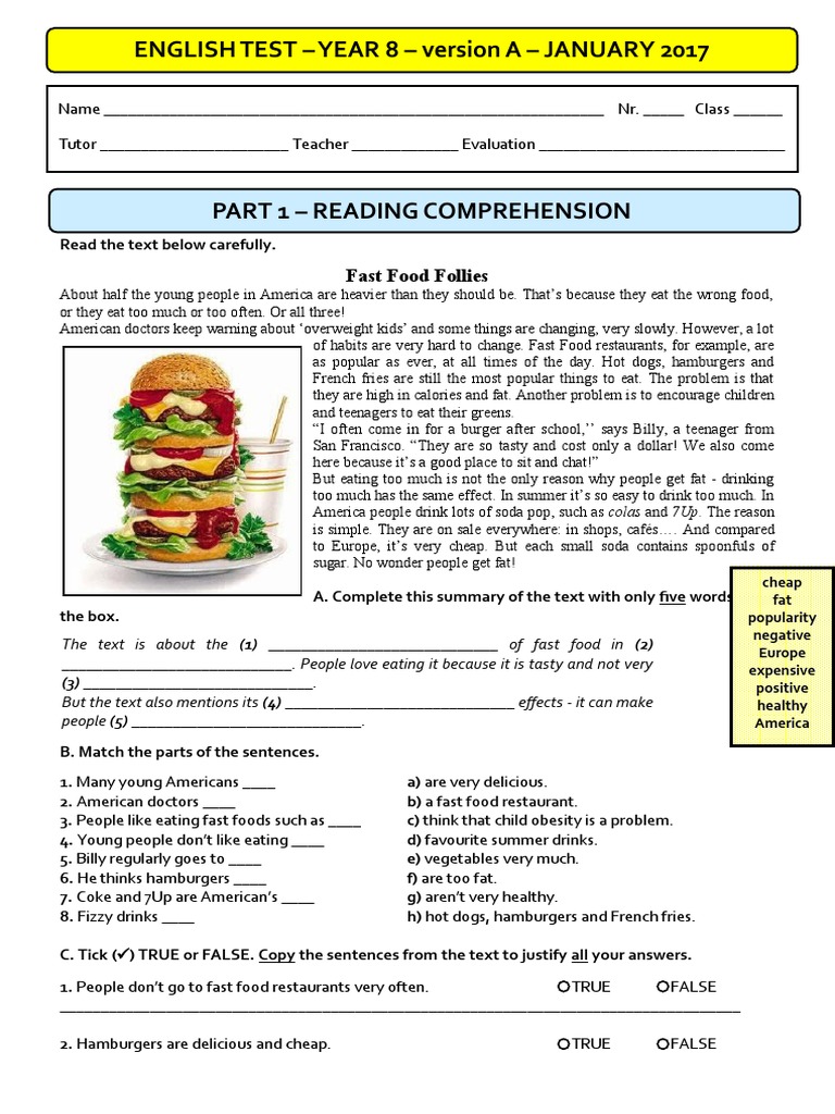 Fast Food A1 Test Version A Tests 94661 Pdf Fast Food Soft Drink