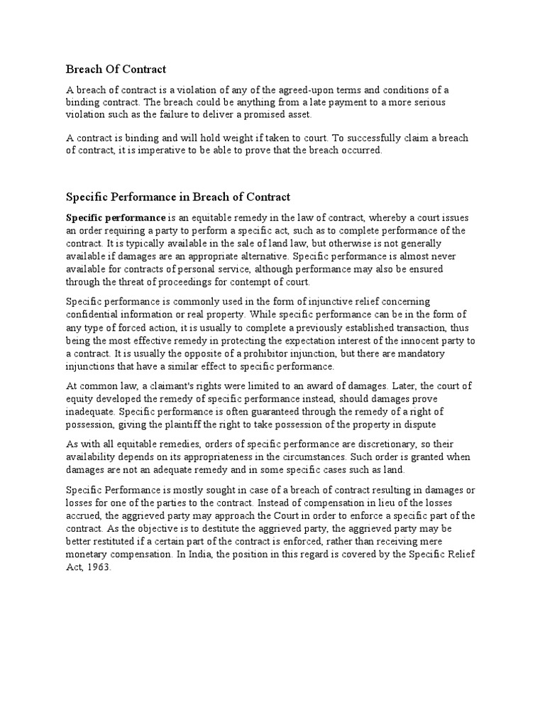 Law Of Contract PDF Specific Performance Breach Of Contract