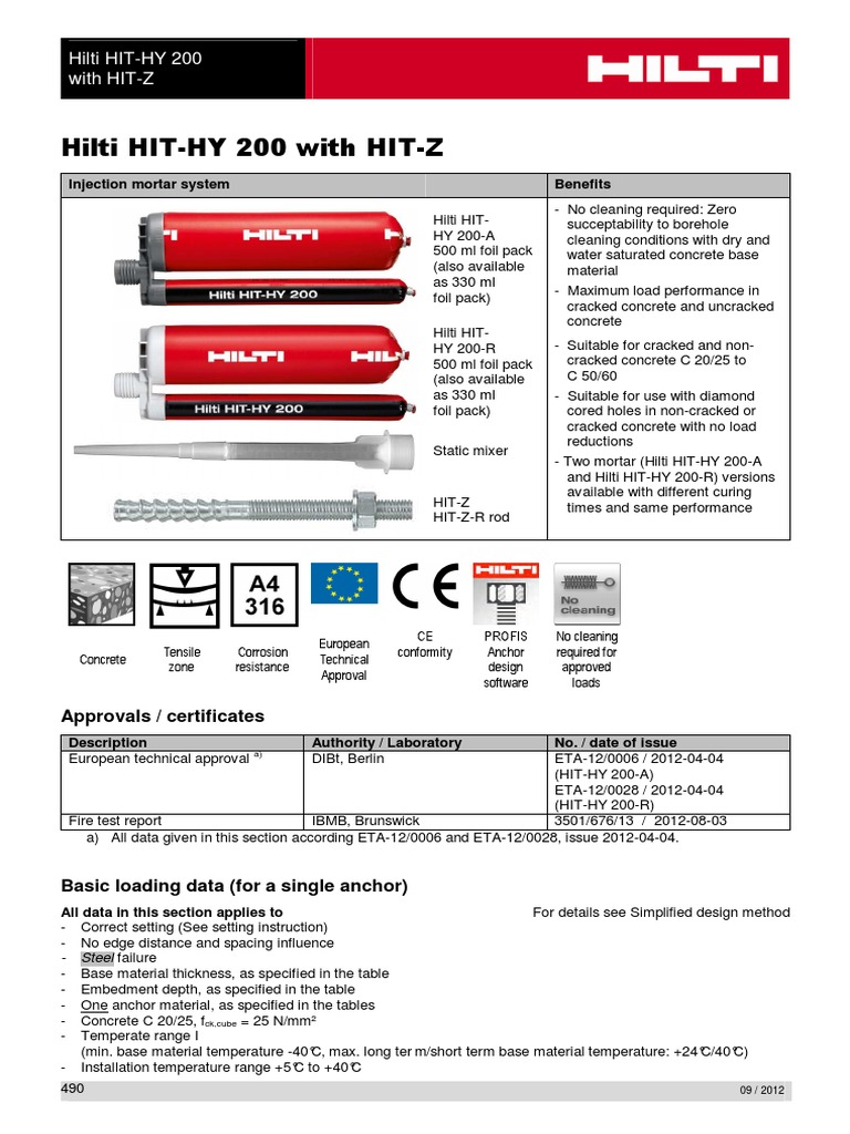 Hilti HIT-HY 200 Technical Data Sheet | PDF | Strength Of Materials | Drill