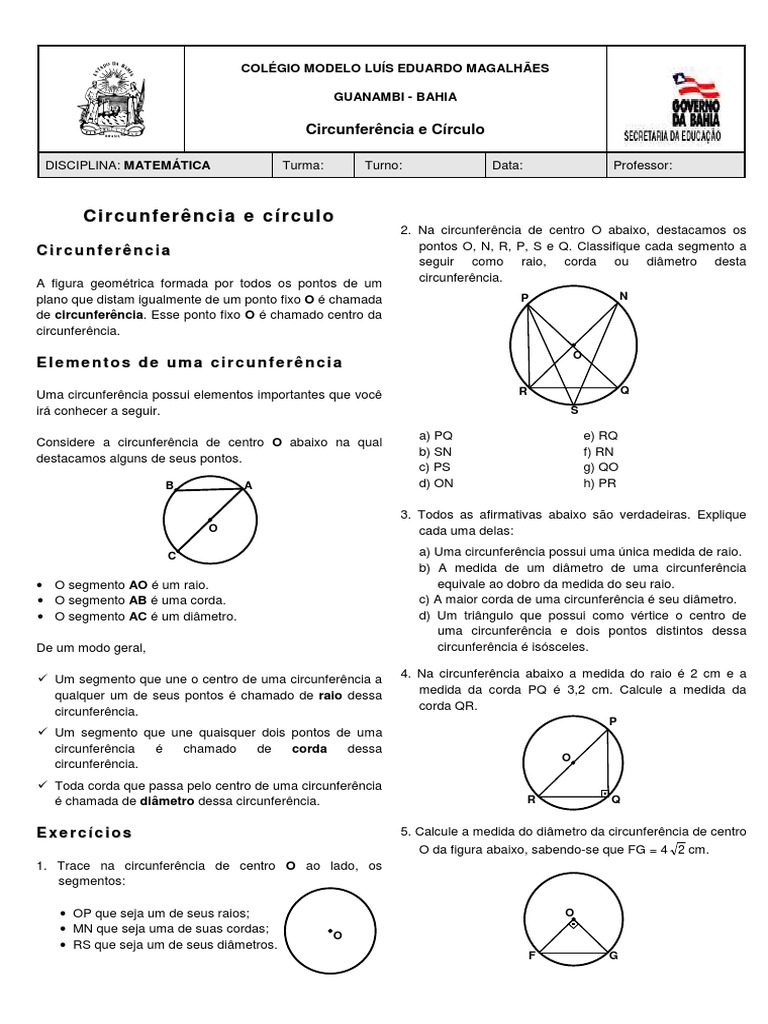 Teoria e Exercícios - Circunferência e Círculo | PDF | Círculo | Matemática