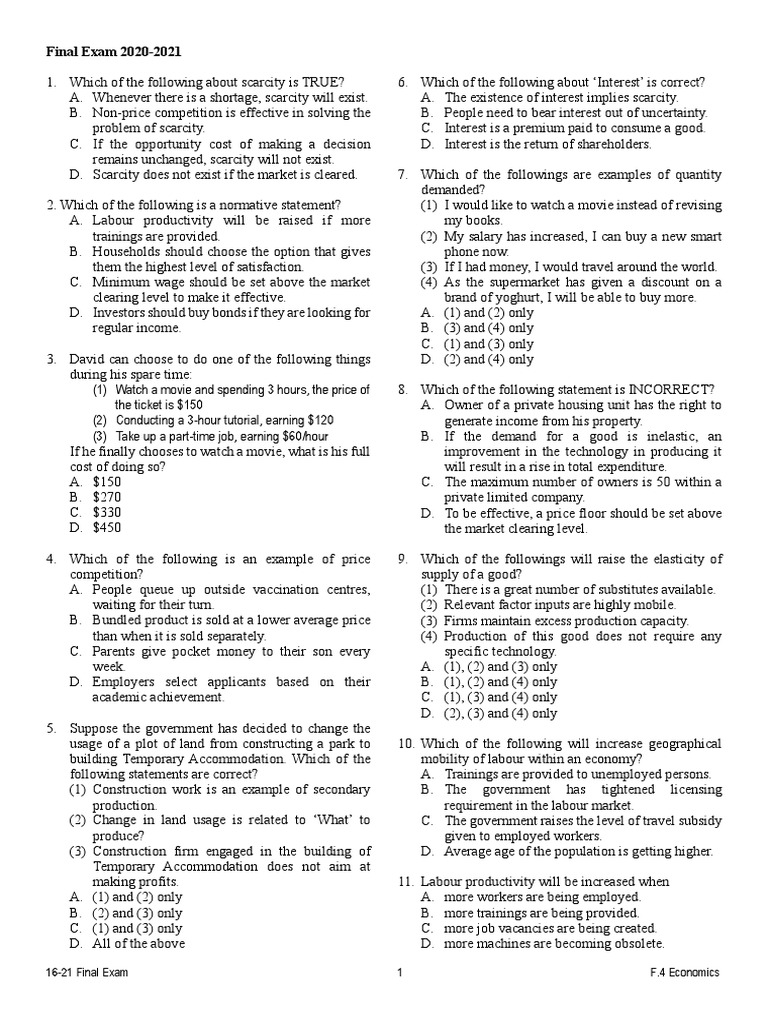 16-21 Final Exam 1 F.4 Economics | PDF | Elasticity (Economics) | Labour Economics