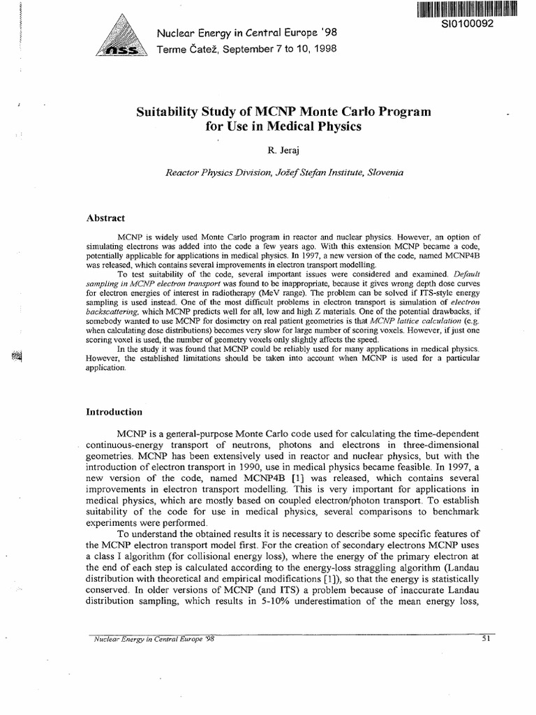 Suitability Study of MCNP Monte Carlo Program For Use in Medical ...