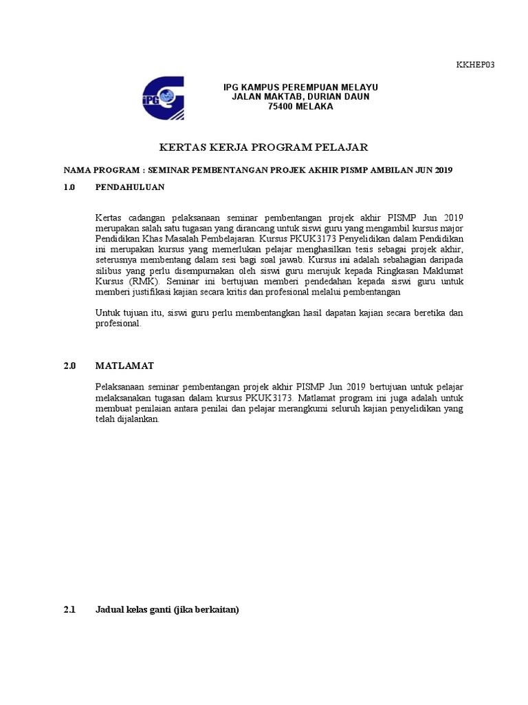 Kertas Kerja Seminar Viva 3173 Pismp Ambilan Jun 2019 | PDF