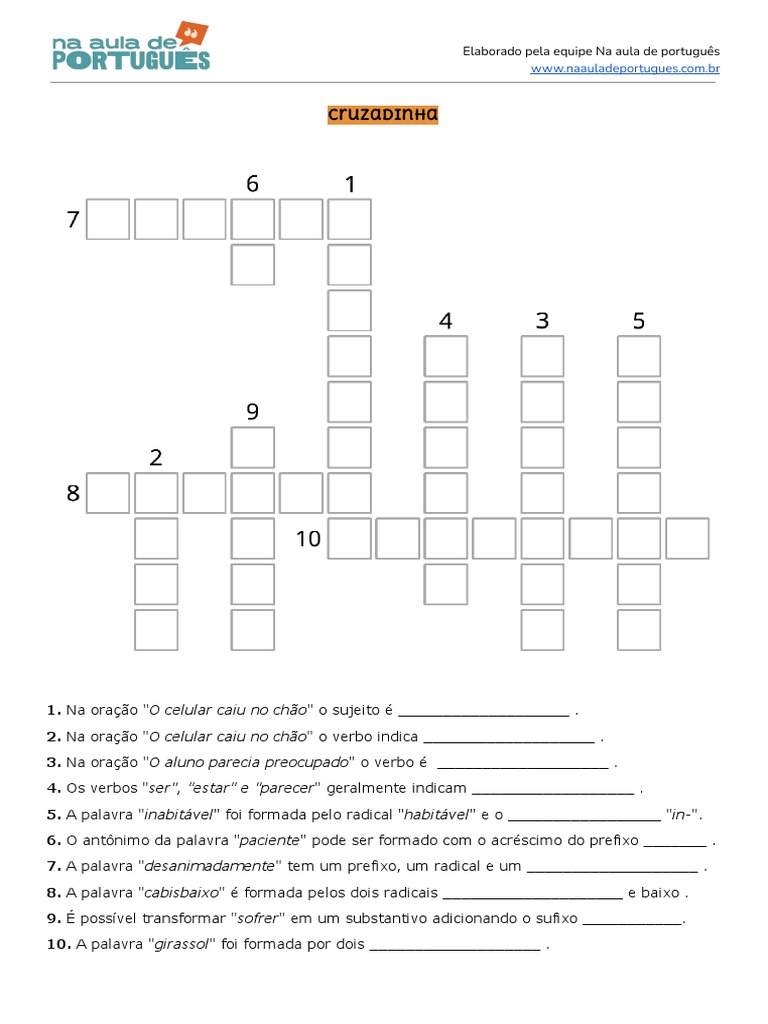 Cruzadinha sobre morfologia e formação de palavras | PDF