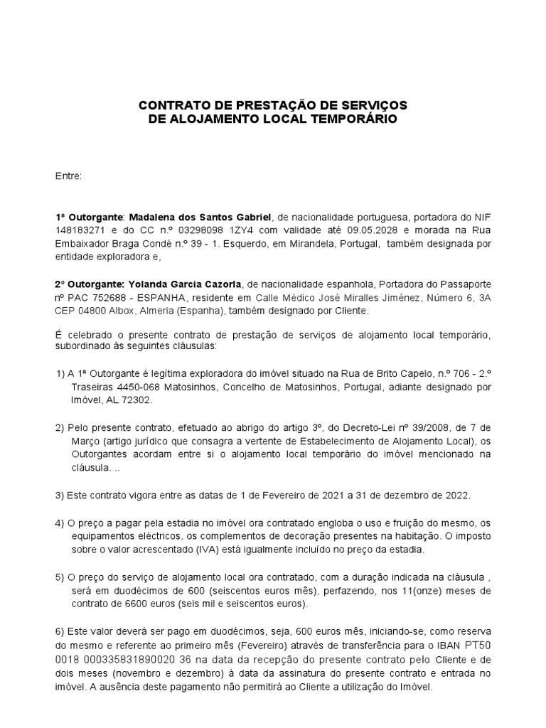 Contrato Alojamento Local Matosinhos (Yolanda) | PDF