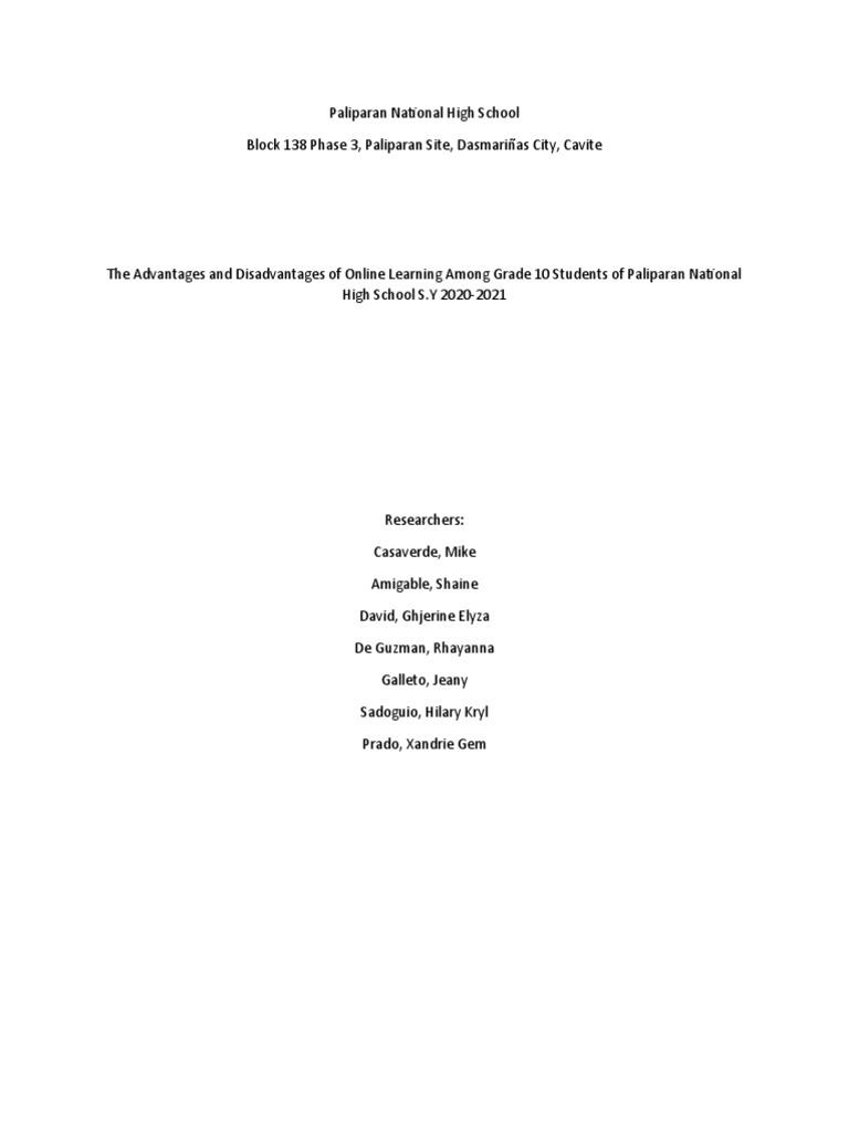 Advantages and Disadvantages of Online Learning Among Grade 10 Students ...