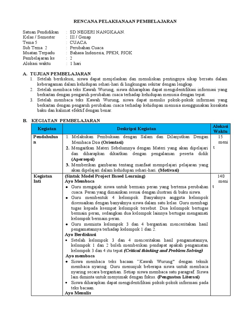 RPP Kelas 3 T 5 ST 2 PB 2 | PDF