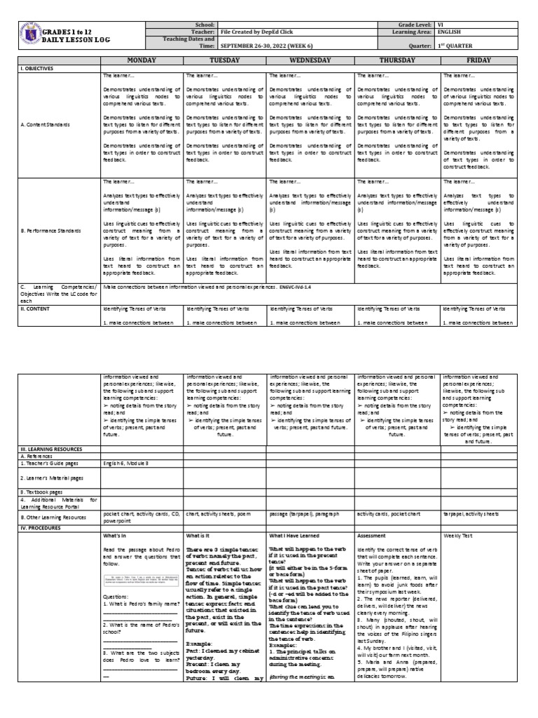 DLL - English 6 - Q1 - W6 | PDF | Verb | Grammatical Tense DLL - English 6 - Q1 - W6 | PDF | Verb | Grammatical Tense