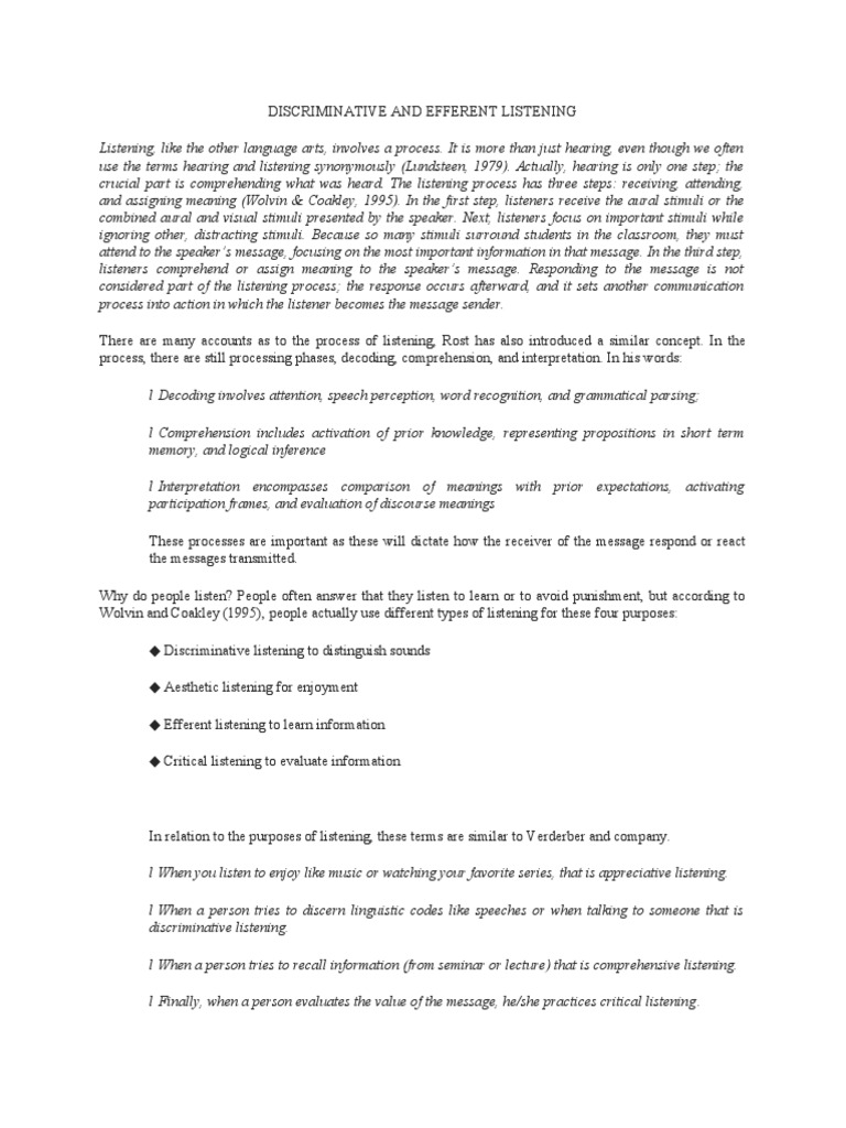 Discriminative and Efferent Listening | PDF | Human Communication ...