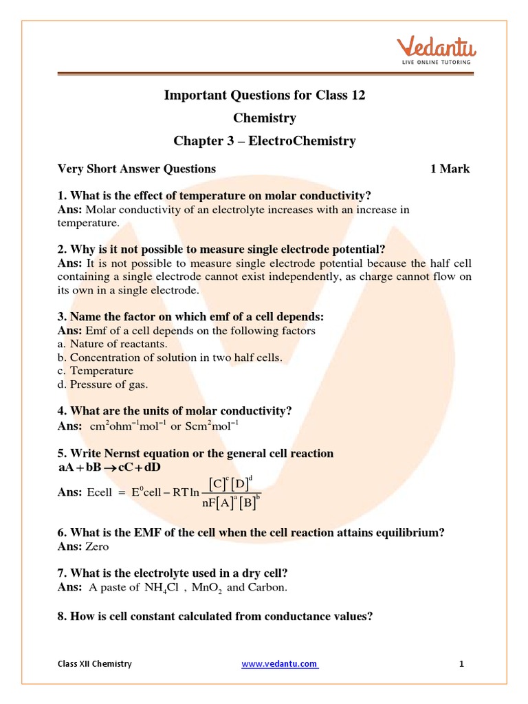 Important Questions For CBSE Class 12 Chemistry Chapter 3 | PDF ...