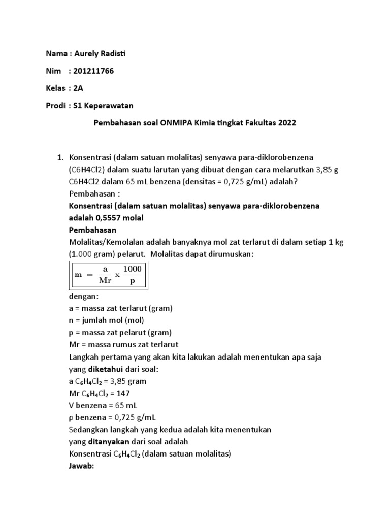 Pembahasan Soal ONMIPA Kimia Tingkat Fakultas by Aurely 2022 | PDF