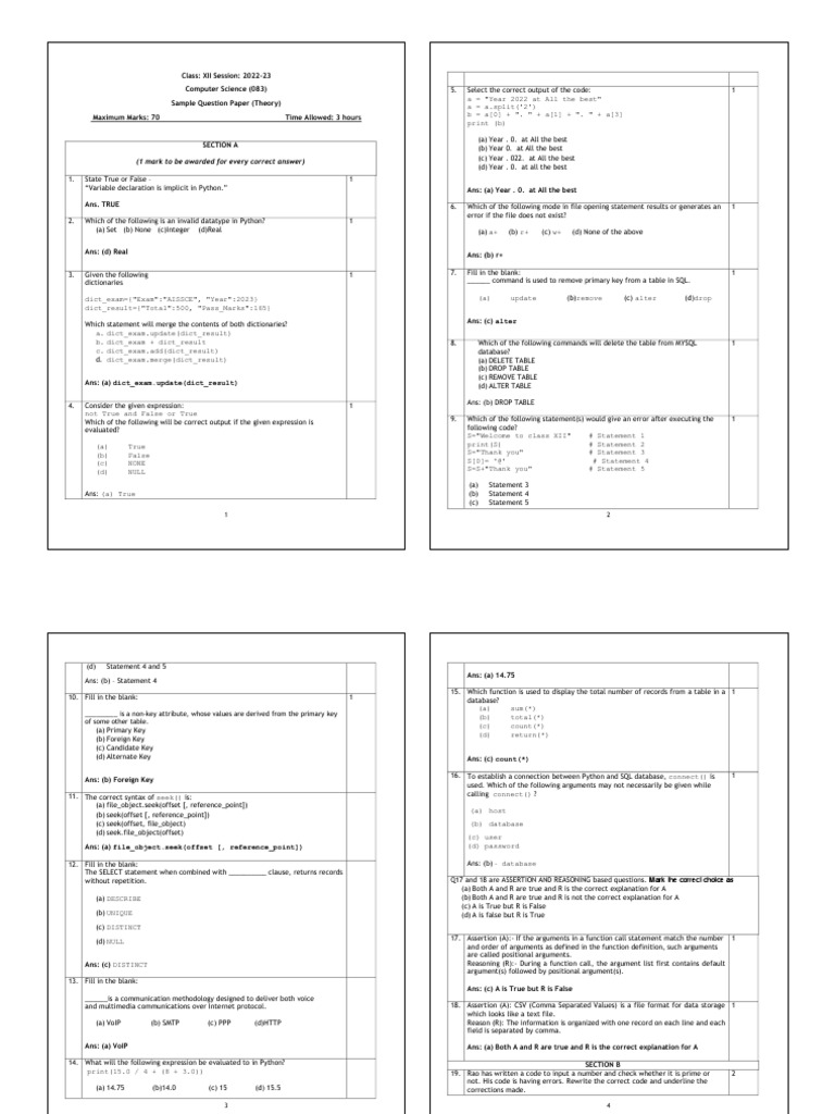 Class Xii Computer Science Sample Question Paper Pdf Html Computing