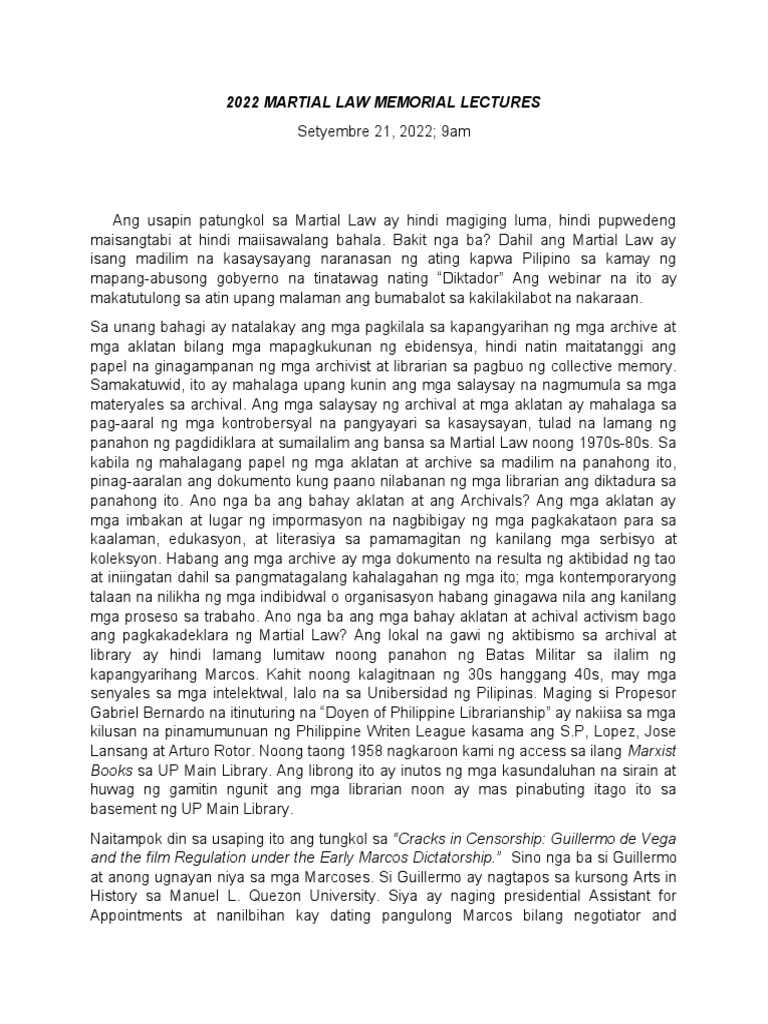 2022 Martial Law Memorial Lectures | PDF