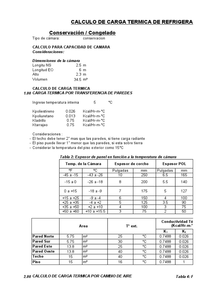 Calculo Carga Termica Refrigeracion - 2018 | PDF | Caloría | Calor