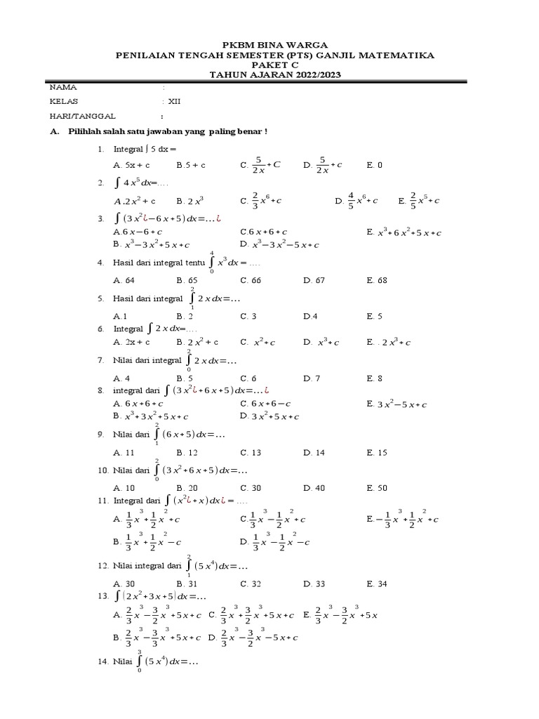 PTS Ganjil Matematika Xii 2223 | PDF | Metode & Bahan Ajar | Sains ...