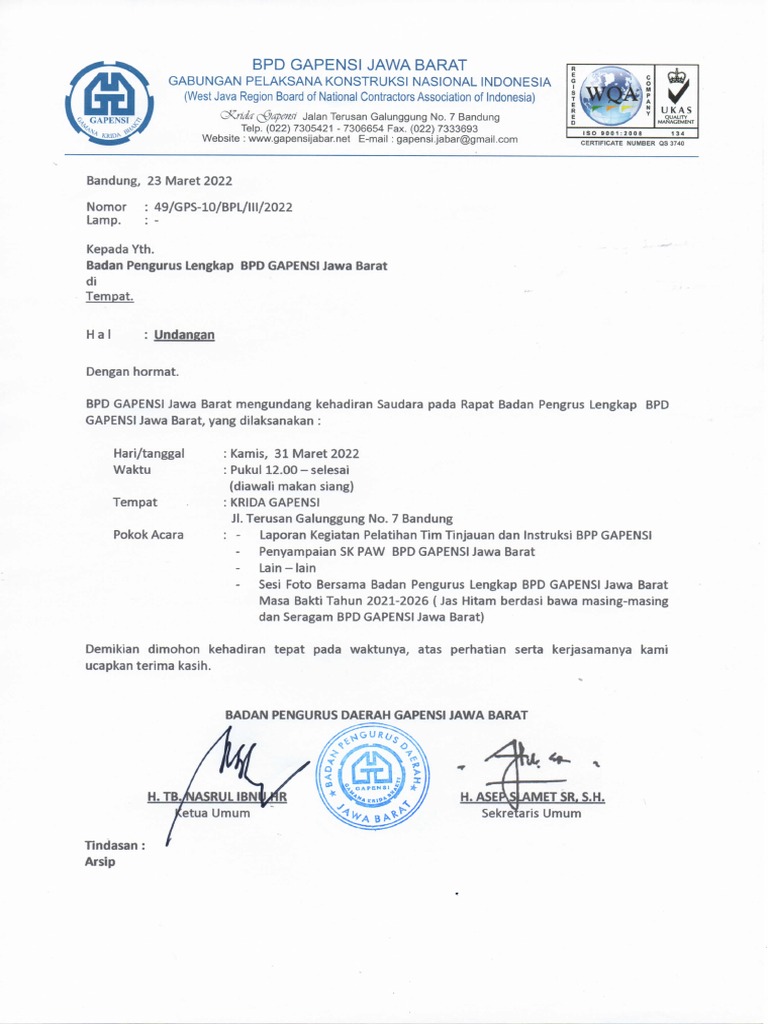 Undangan Rapat BPL BPD Gapensi | PDF