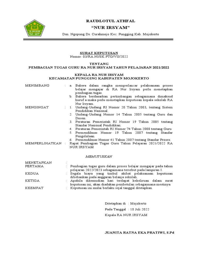 SK Pembagian Tugas Guru Ra 2022-2023 | PDF