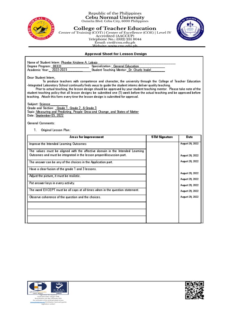 ISO Form Lesson Design Approval Sheet | PDF | Educational Assessment ...
