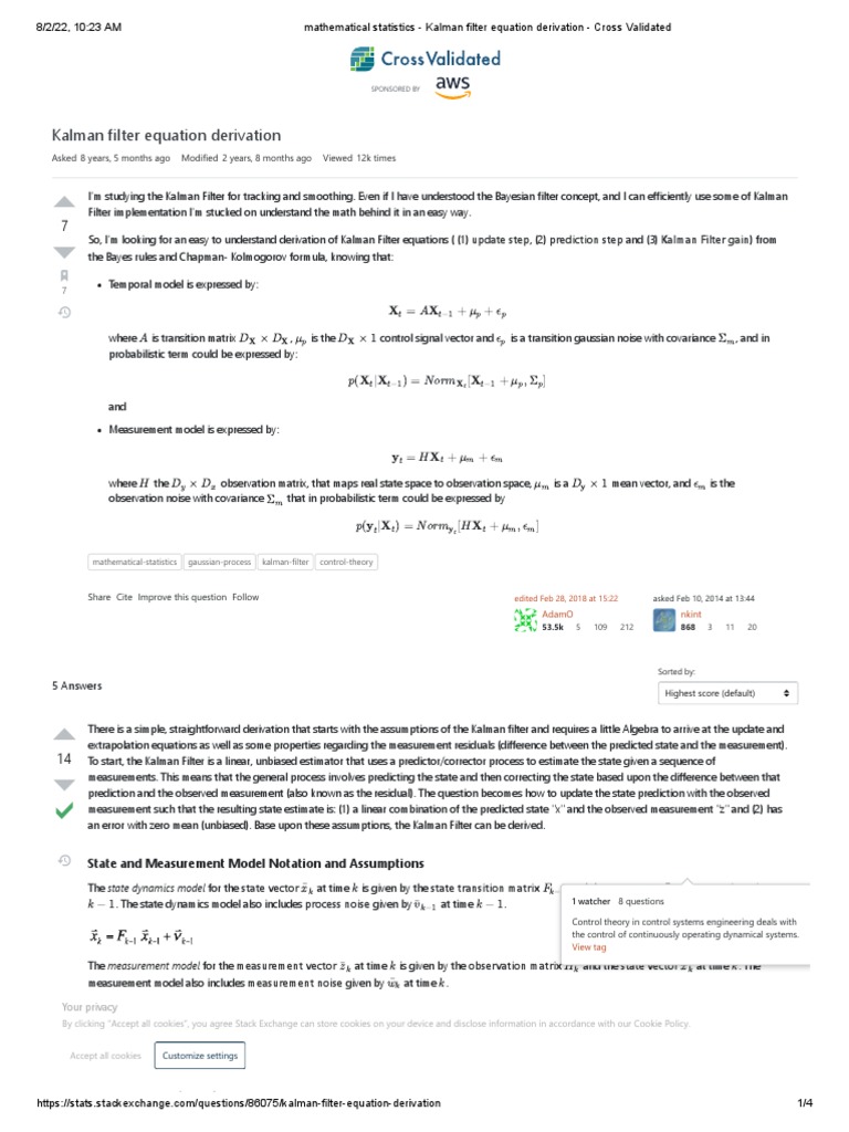 Mathematical Statistics - Kalman Filter Equation Derivation - Cross ...