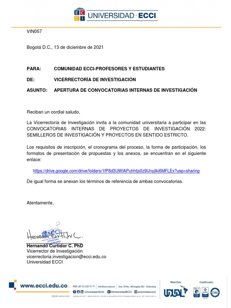 Vin057-Apertura de Convocatorias Internas de Investigación | PDF
