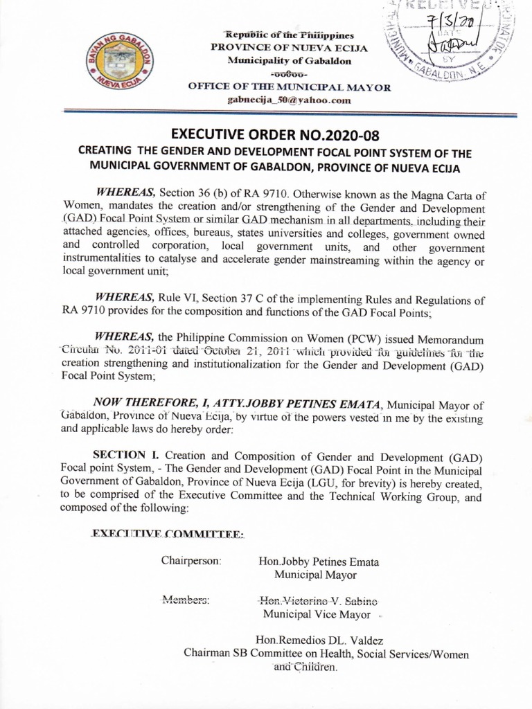 EO 08 2020 Creating The Gender and Development Focal Point System | PDF