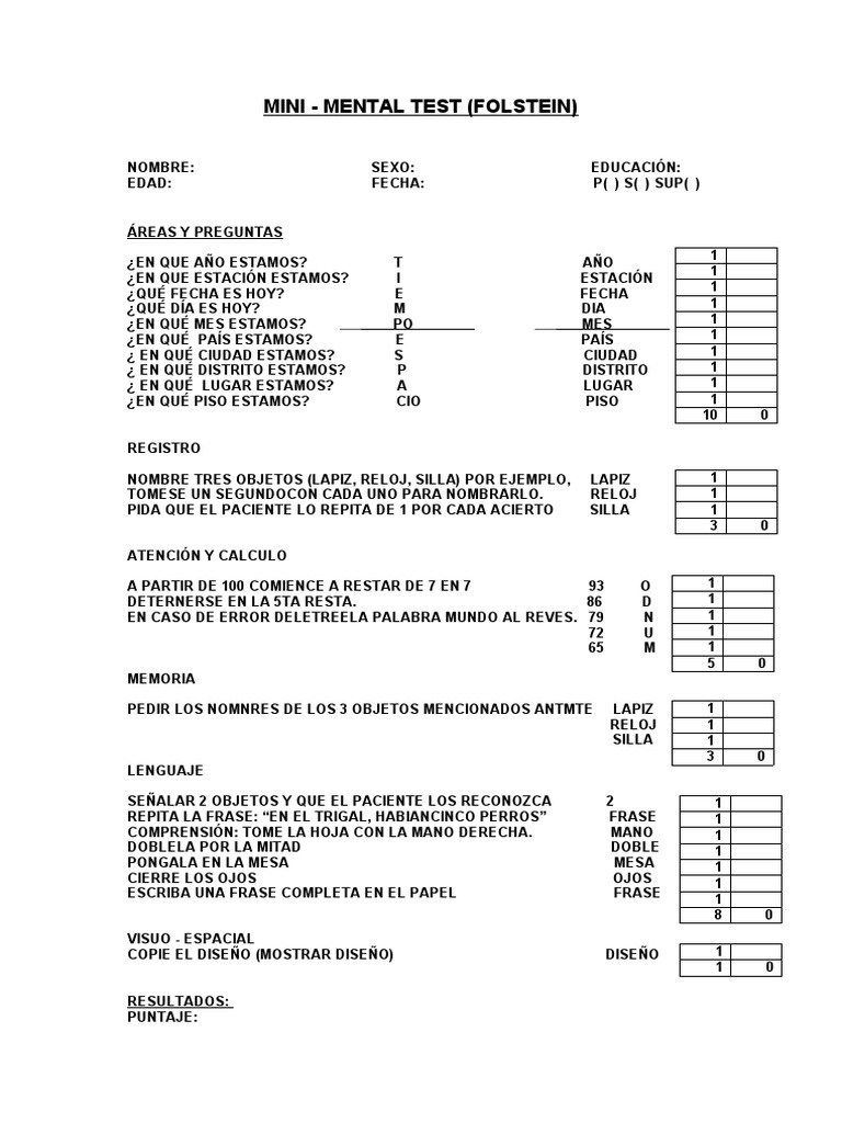 Mini - Mental Test (Folstein) | PDF | Ciencia cognitiva | Cognición