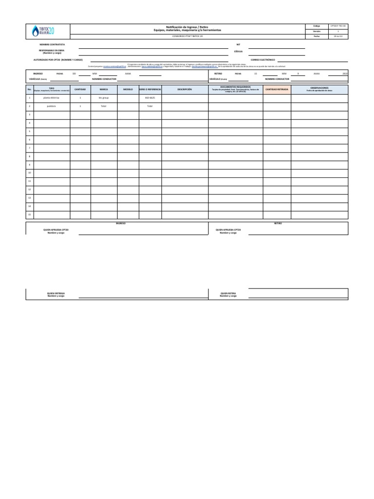 Ingreso y Retiro de Equipos CPT20 | PDF