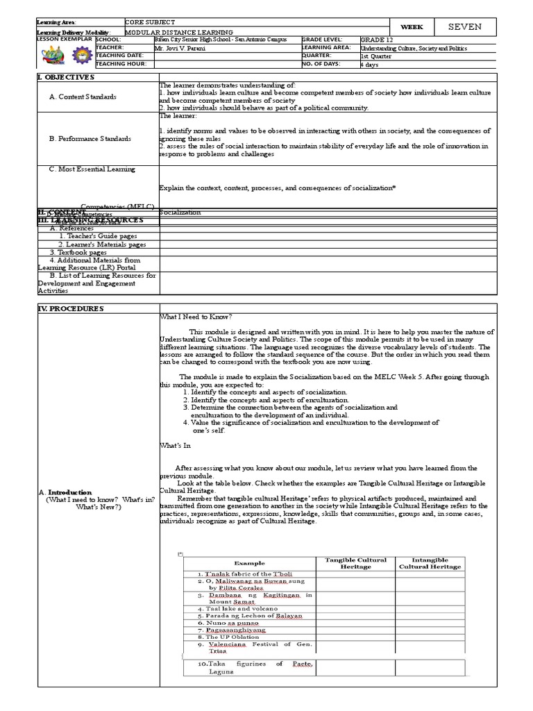 Lesson Exemplar Ucsp Week 7 | PDF | Socialization | Learning