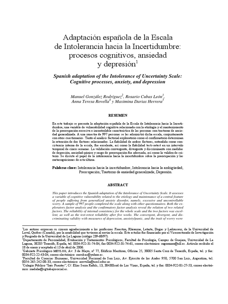 Adaptación Española de La Escala de Intolerancia Hacia La Incertidumbre ...