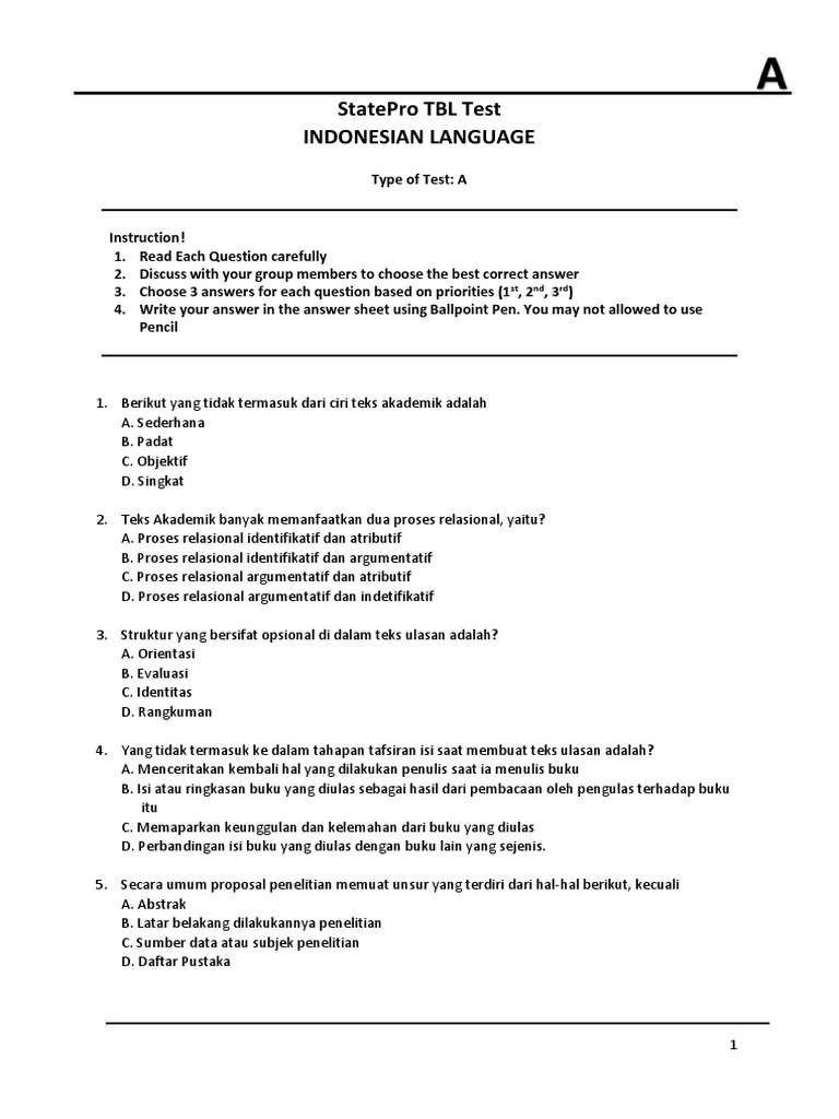 (Type A) Bhs. Indonesia StatePro TBL Test | PDF | Karier & Perkembangan