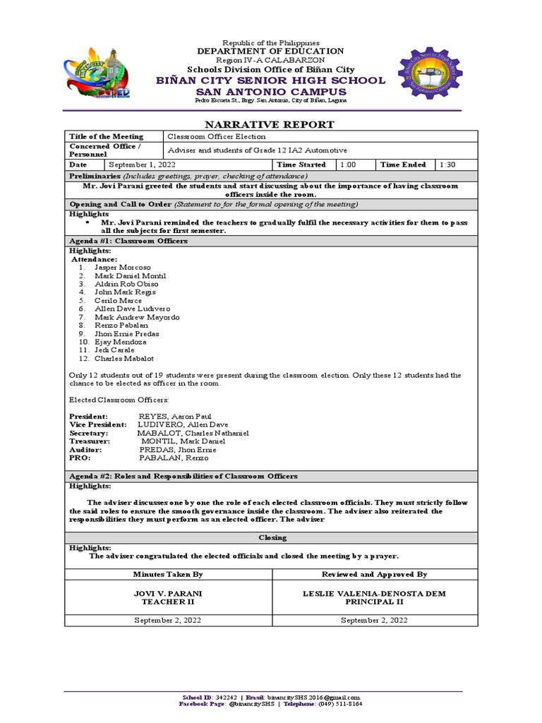 NARRATIVE REPORT Classroom Election | PDF