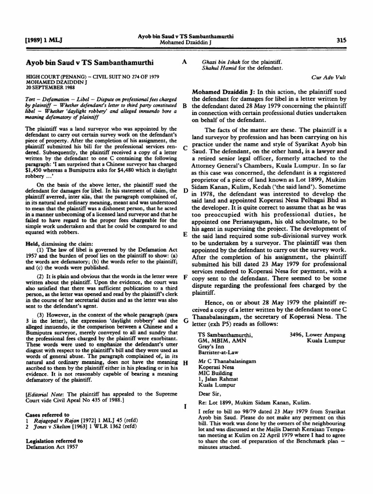 AYOB BIN SAUD V TS SAMBANTHAMURTHI, (1989) 1 MLJ 315 - Attachment1 | PDF