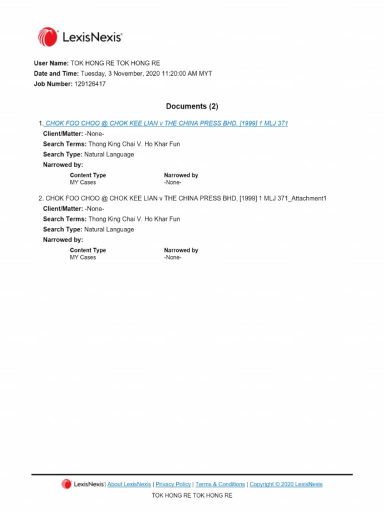 CHOK FOO CHOO at CHOK KEE LIAN V THE CHINA PRESS BHD, (1999) 1 MLJ 371 ...
