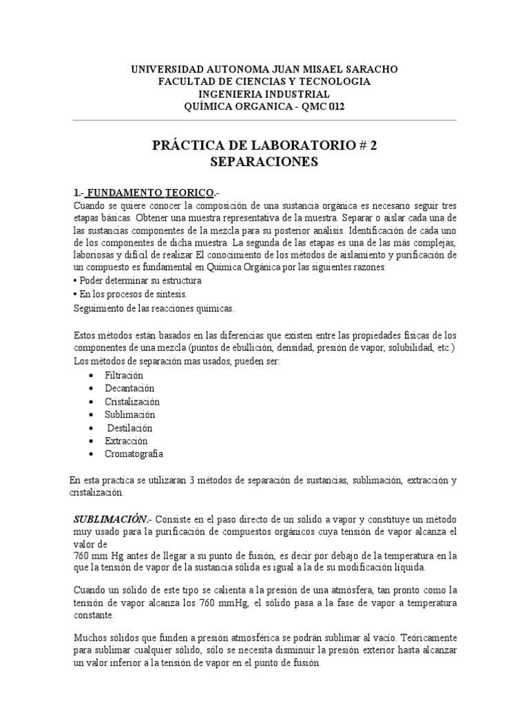 Laboratorio2 QMC 012 - Separaciones | PDF | Cristalización | Concentración