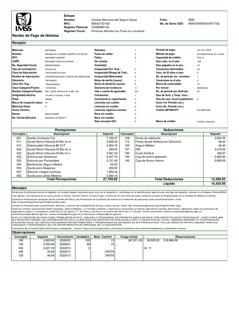 Recibo Nómina IMSS Julio 2022 | PDF | Gobierno