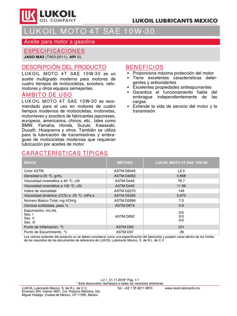 Tds Lukoil Moto 4t Sae 10w-30 v.2.1 Esp | PDF | Motocicleta | Vehículo ...