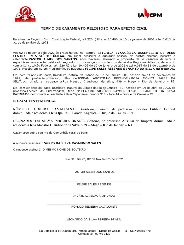 Termo de Casamento Religioso Com Efeito Civil | PDF
