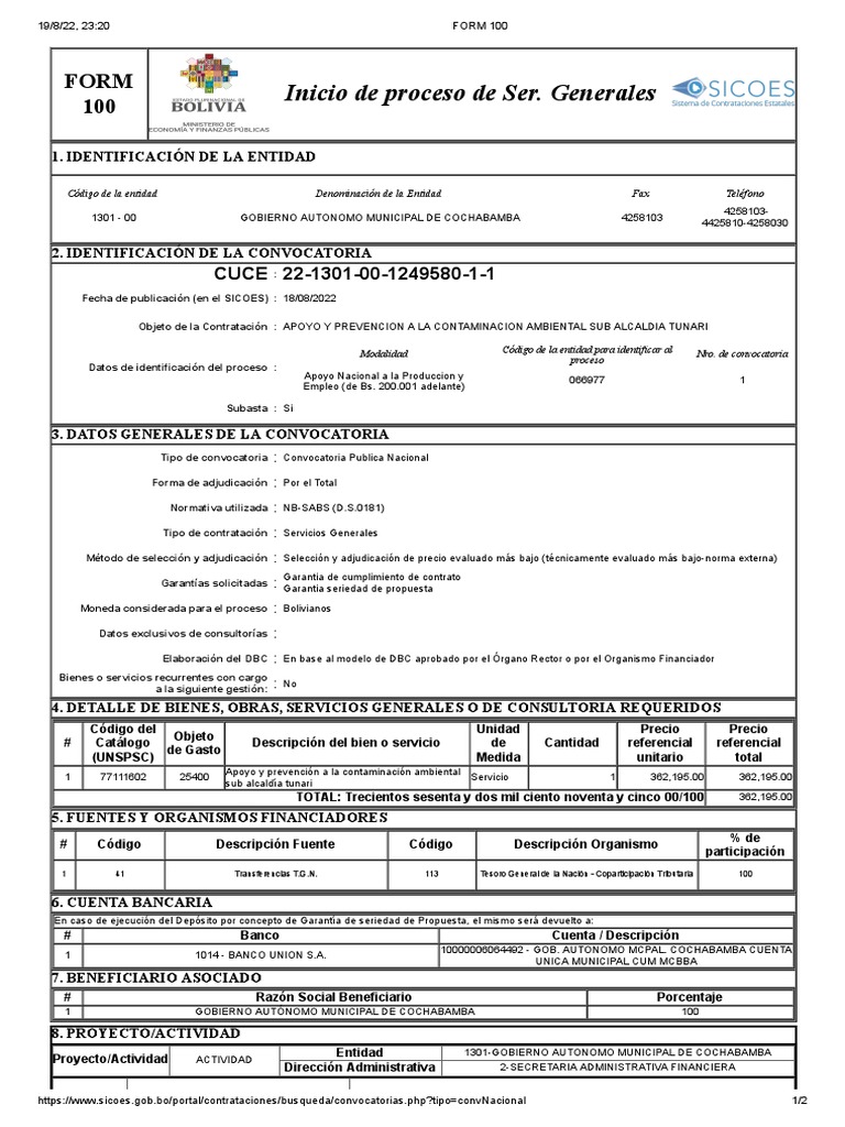 Sicoes Formulario 100 | PDF