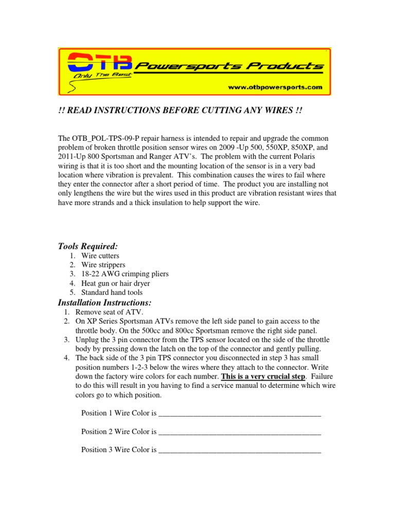 Polaris TPS Repair Harness Installation Instructions | PDF | Electrical Connector | Machines