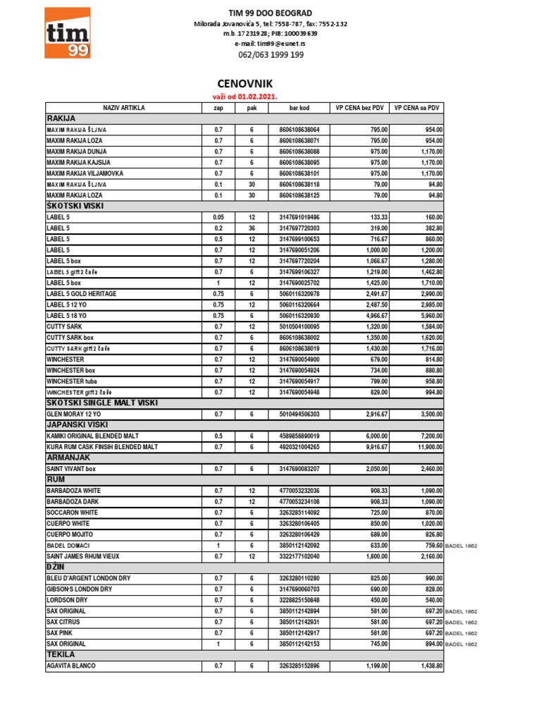 TIM 99 DOO Price List Overview | PDF | Alcoholic Drinks | Wine