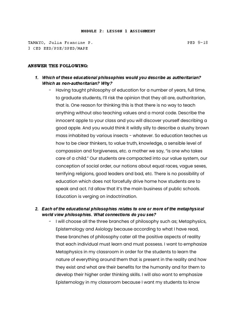 MODULE 2 - LESSON 1 ASSIGNMENT - TAMAYO, Julia Francine | PDF | Reality | Philosophy Of Education