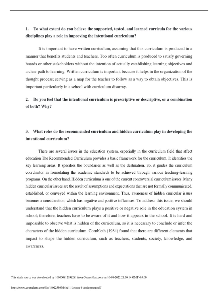 Mod 1 Lesson 4 Assignment PDF | PDF | Curriculum | Pedagogy